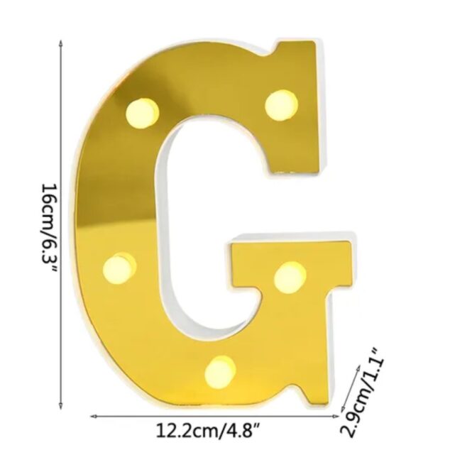 LETRA “G” DORADA 16 CMS. CON LUCES - Rufipacks.com