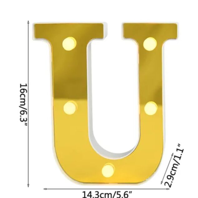 LETRA “U” DORADA 16 CMS. CON LUCES - Rufipacks.com